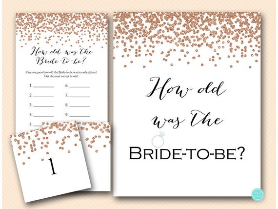 Rose Gold Bridal Shower Games, How old was the bride, Guess the age of ...