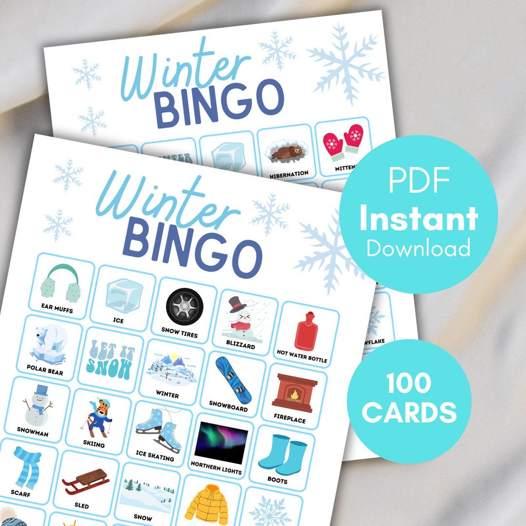 Winter Bingo, 100 Printable Winter Bingo Cards, Download, Winter ...