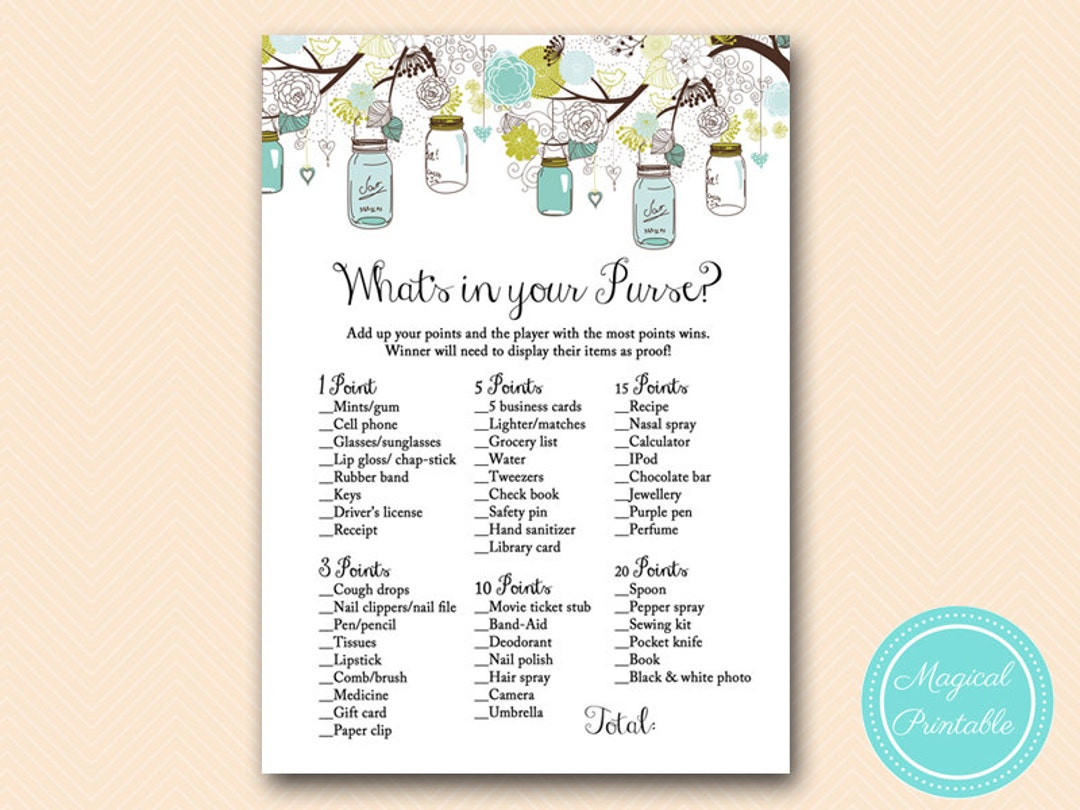 What's in Your Purse, Purse Hunt, Rustic Mason Jars Baby Shower, Baby ...