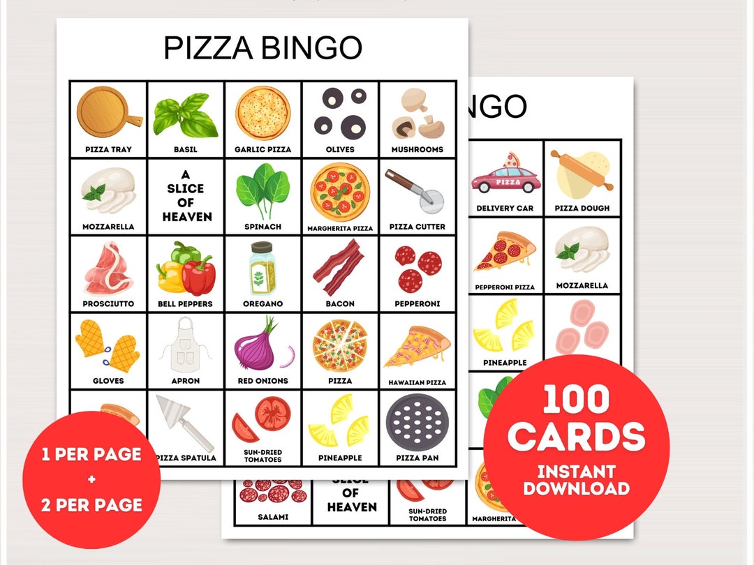 Pizza Bingo Cards, 100 Printable Pizza Bingo, Pizza Party Activity ...