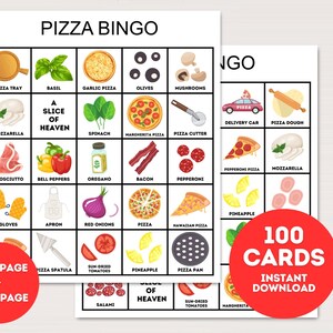 Pizza Bingo Cards, 100 Printable Pizza Bingo, Pizza Party Activity ...