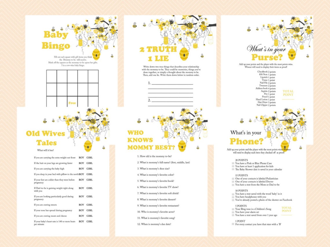 Bee Theme Baby Shower Games Printable Bumble Bee Baby Shower - Etsy