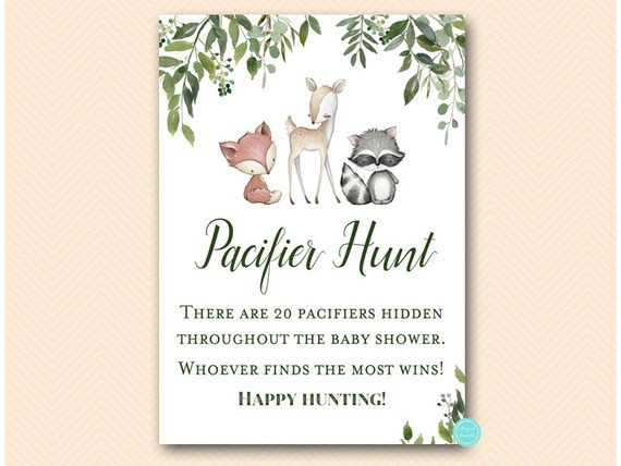 Pacifier Hunt, Woodland Baby Shower Game, Greenery woodland baby shower ...