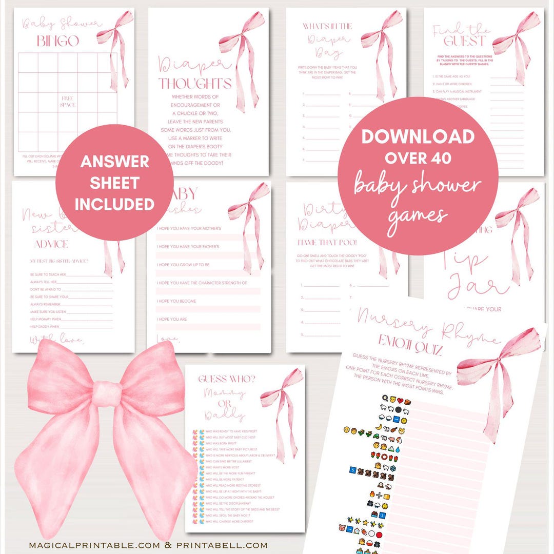 Pink Bow Baby Shower Games Bundle, Bow Baby Shower, Pink Bow Themed ...