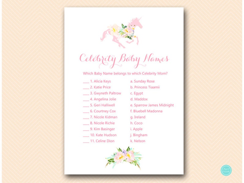 Unicorn Carousel Baby Shower Games Celebrity Baby Name Game - Etsy