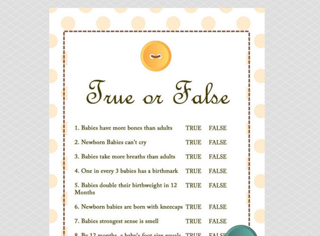True or False Baby Shower Game, Cute as a Button Baby Shower Games ...