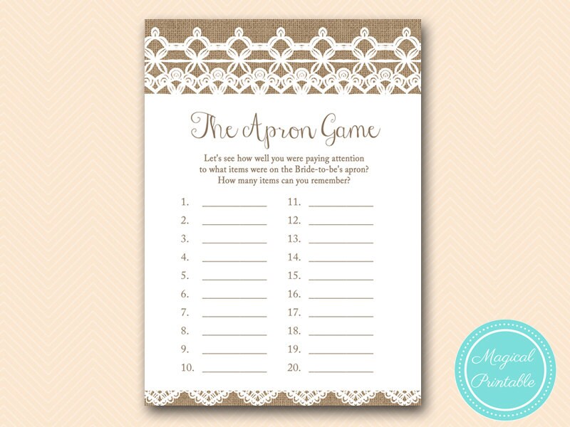 The Apron Game, Memory Game, Bridal Item Game Printable, Rustic, Burlap ...