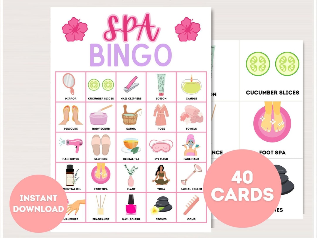 Spa Bingo Cards, Printable Spa Bingo, 40 Spa Bingo Cards, Spa Birthday ...