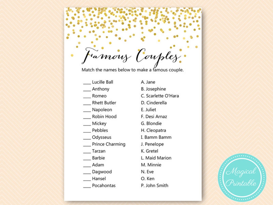 Gold Confetti Famous Couple Game, Famous Couple Quiz, Match the Famous ...