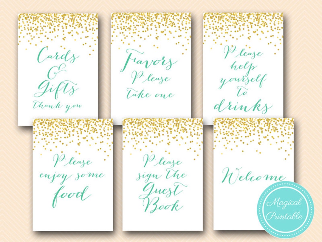 Mint and Gold Confetti Printable Signs, Cards Gifts, Welcome, Favors ...