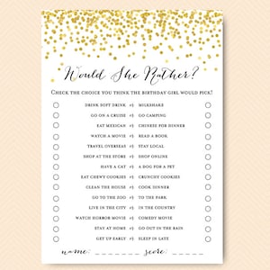 Gold Girl Birthday Party Games, Would She Rather, Who Knows the ...