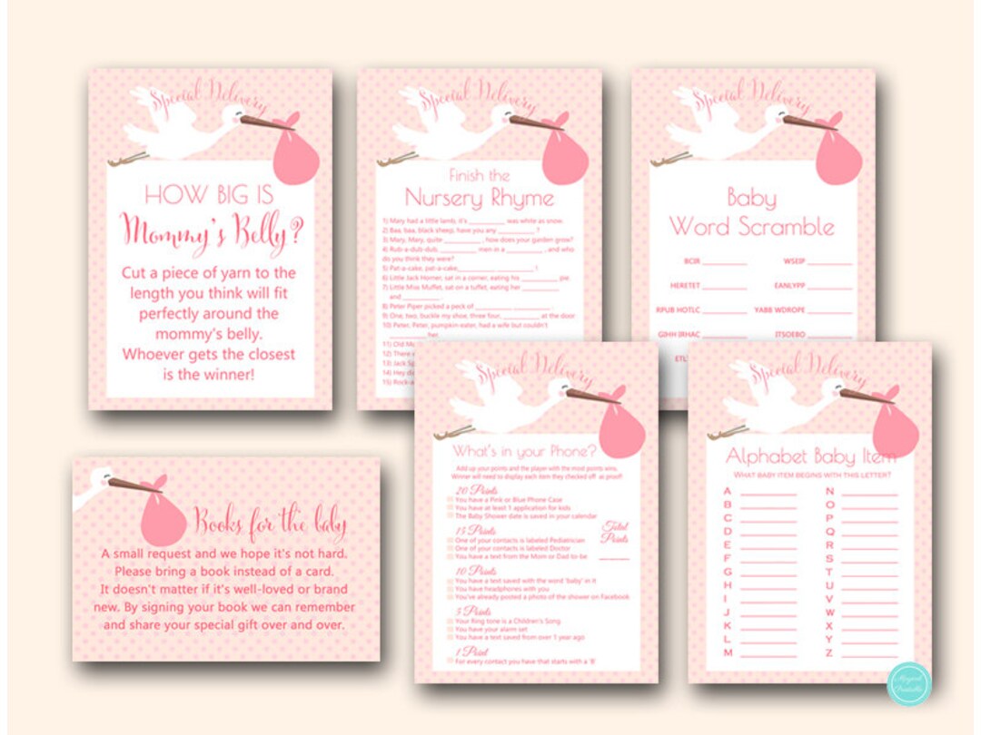 Pink Stork Baby Shower Game Pack, Stork Baby Shower Game Printables ...