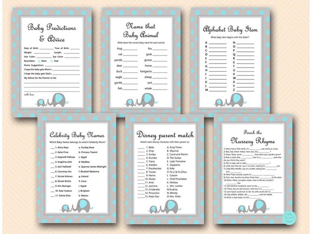 Blue Elephant Baby Shower Games Package, Baby Prediction and Advice ...