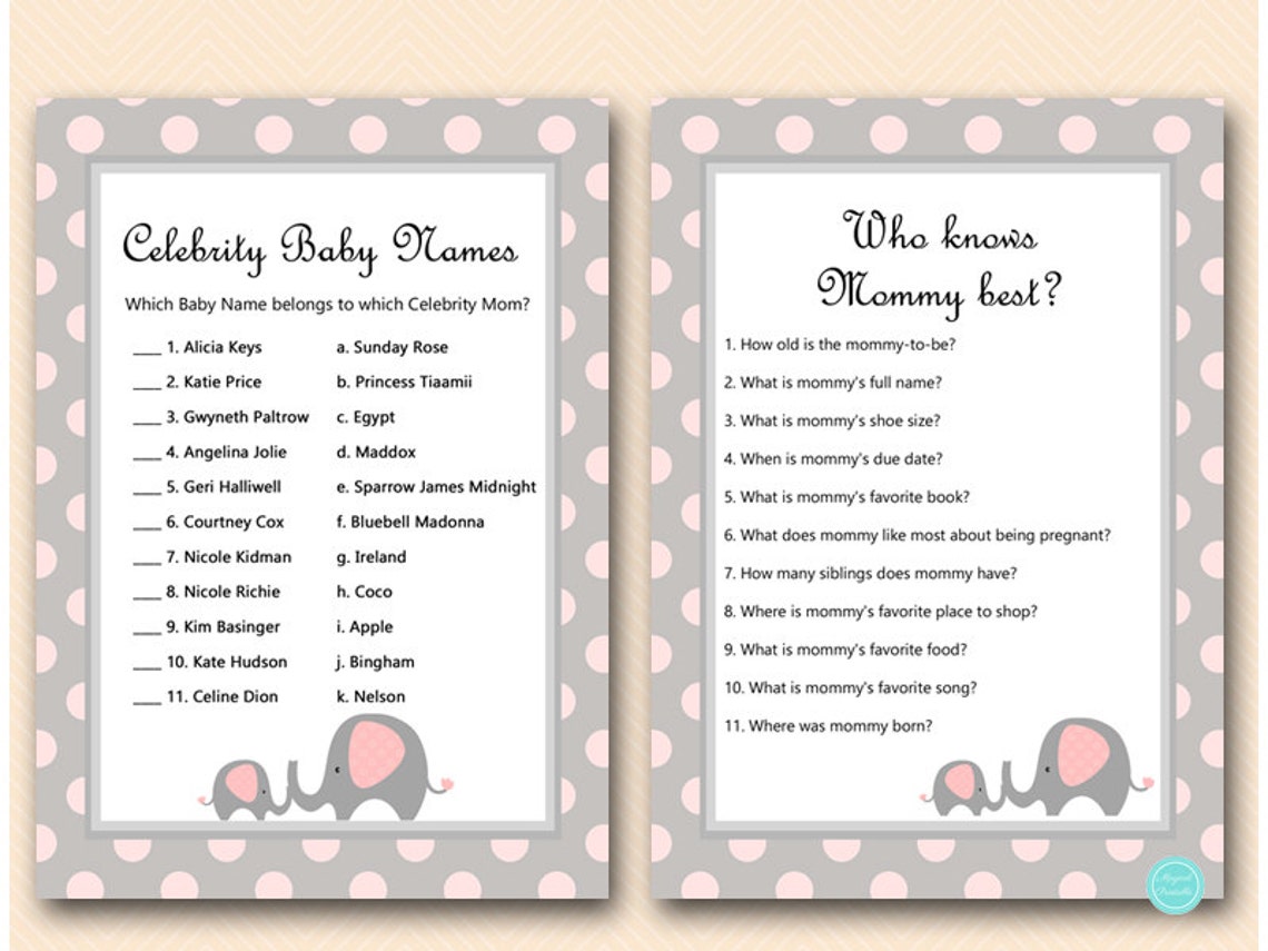 Elephant Baby Shower Games Package Celebrity Baby Names Baby - Etsy