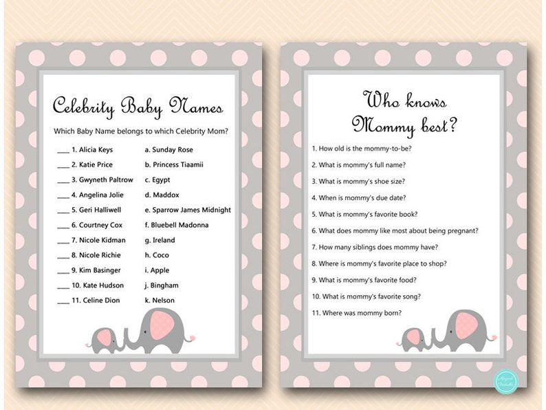 Elephant Baby Shower Games Package Celebrity Baby Names Baby - Etsy