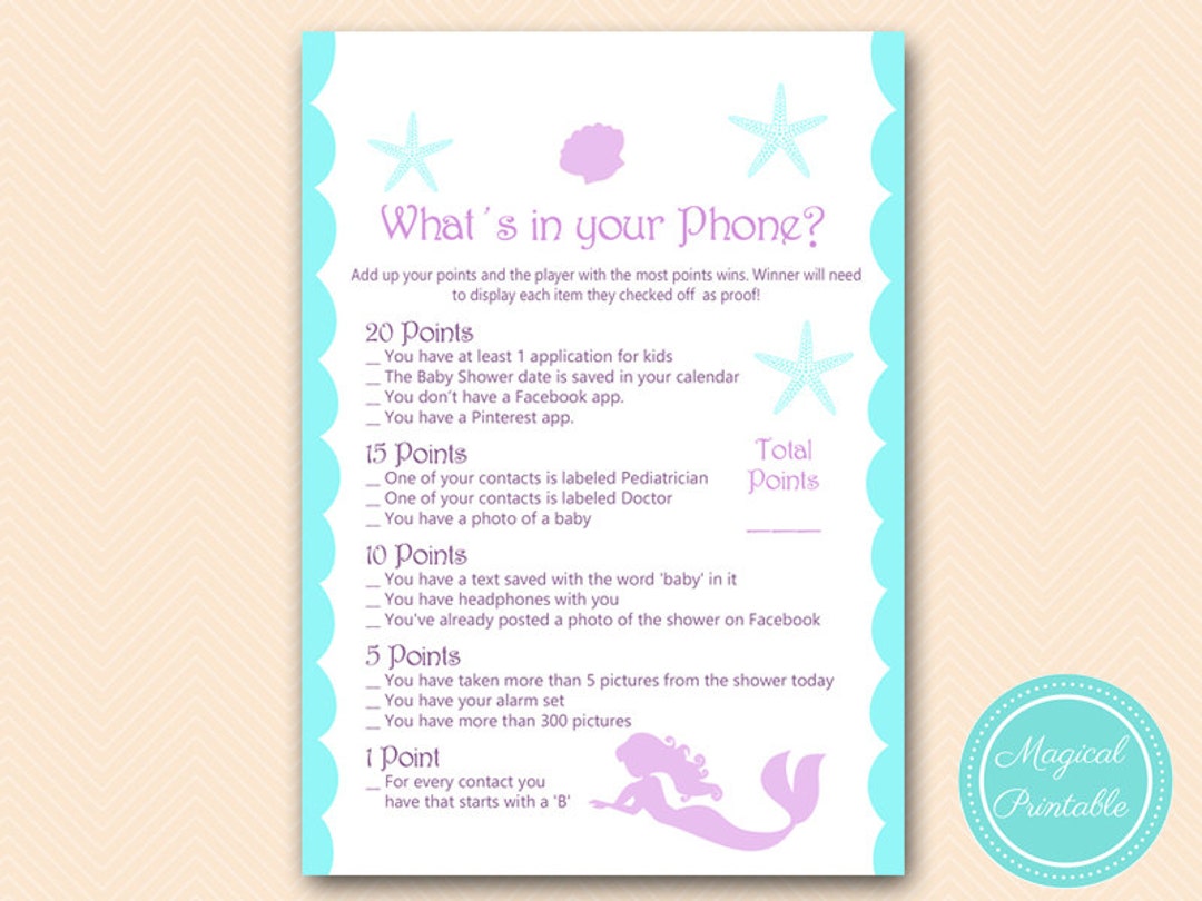 Mermaid Baby Shower Games, Whats in Your Phone Game, Whats in Your ...