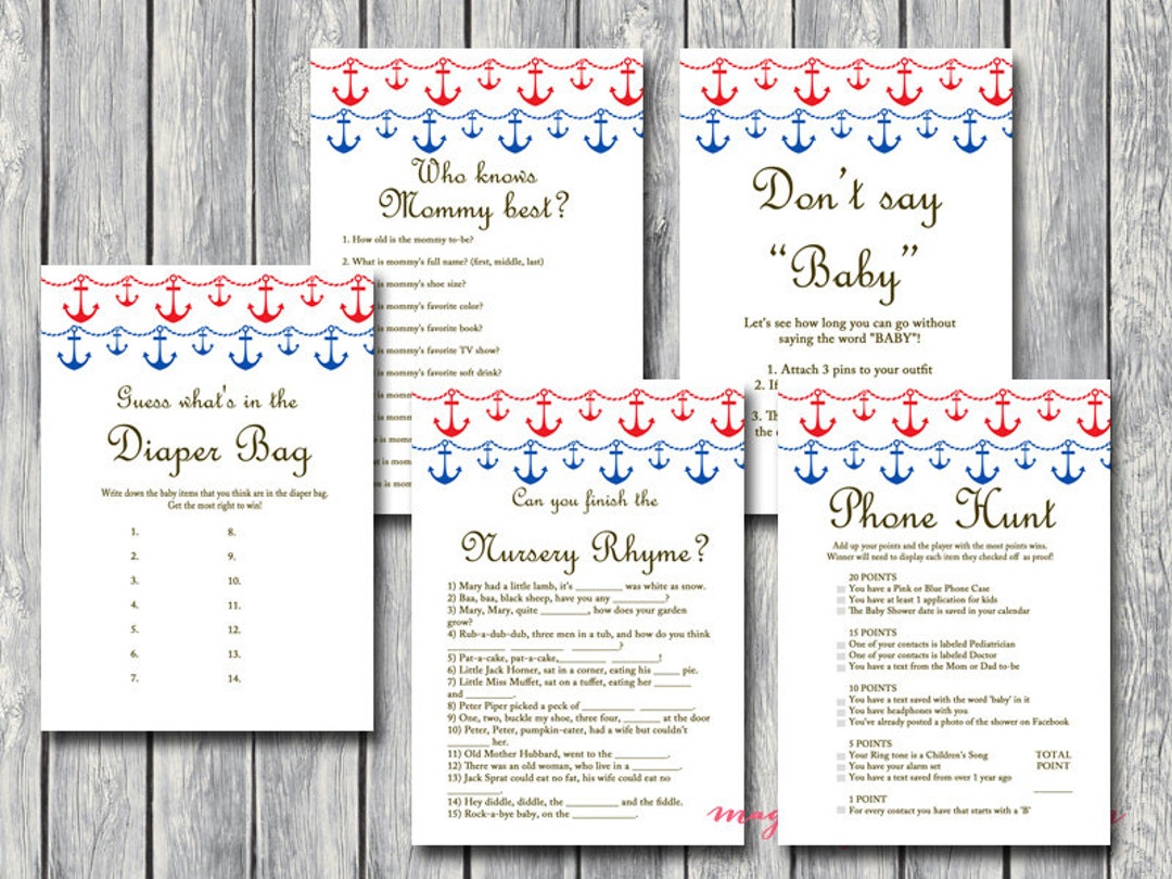 Blue and Red Nautical Baby Shower Games Pack, Beach Baby Shower Games ...