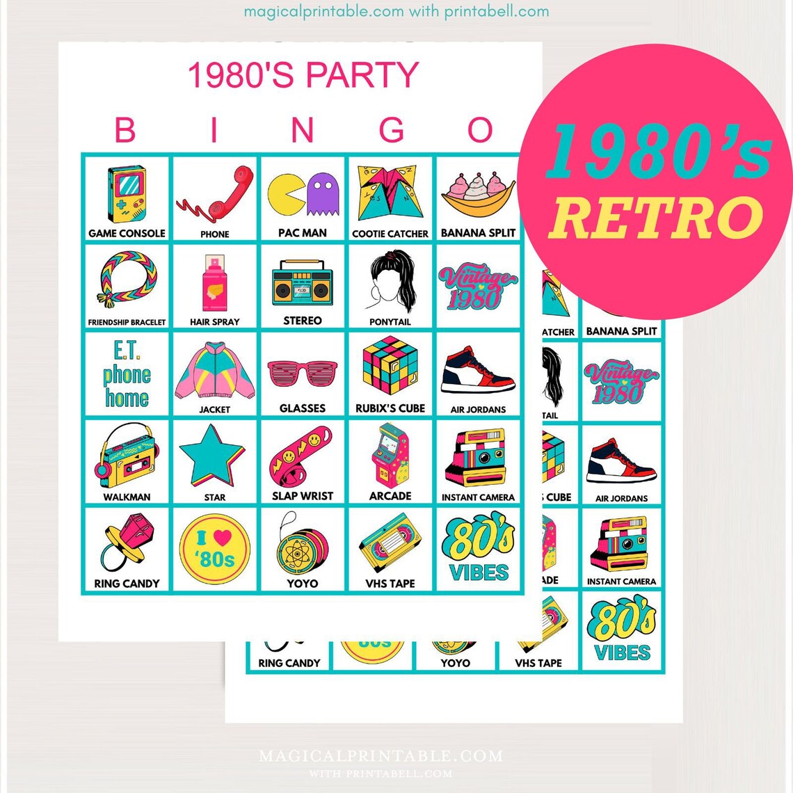 100x Retro 80's Bingo Cards, Printable 1980's Retro Party Bingo, 80's ...