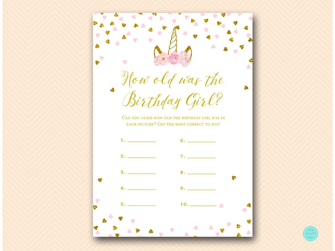 Pink and Gold Unicorn Birthday Party Games, How Old Was the Birthday ...