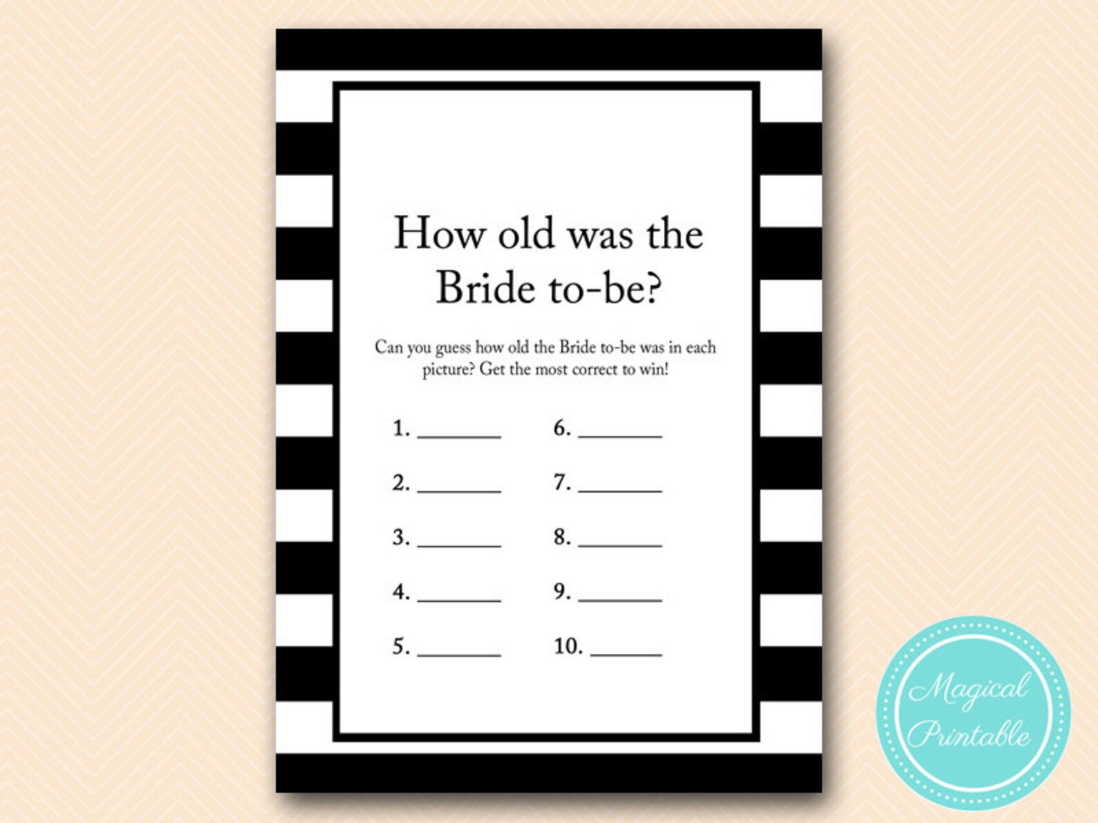 How Old Was the Bride Game, Guess Age, Black White Stripes Bridal ...