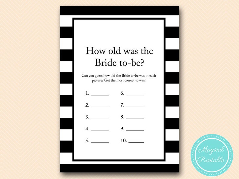 How Old Was the Bride Game, Guess Age, Black White Stripes Bridal ...