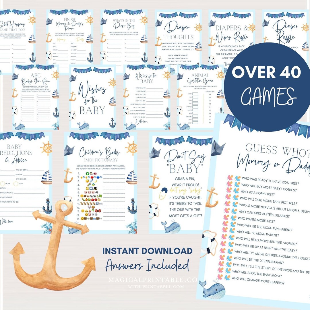 Over 40 Nautical Baby Shower Games Bundle, Printable Nautical Baby ...