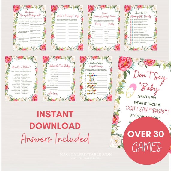 SALE! 30 Baby Shower Games Bundle, Peonies floral baby shower games ...