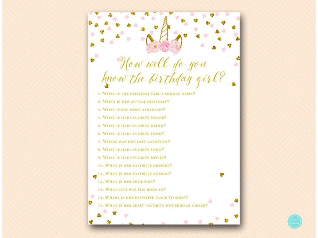Pink and Gold Unicorn Birthday Party Games, Who Knows the Birthday Girl ...