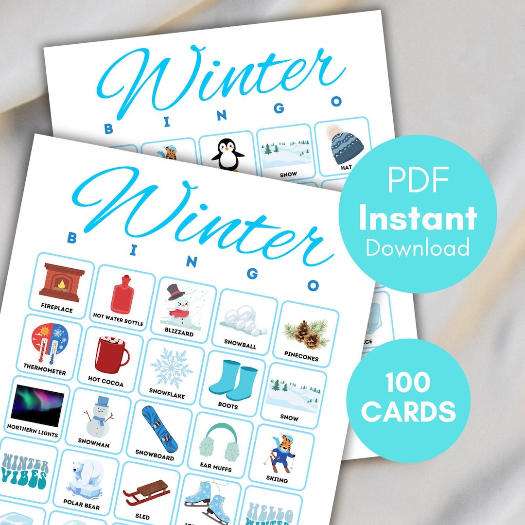 Winter Bingo, 100 Printable Winter Bingo Cards, Download, Winter ...