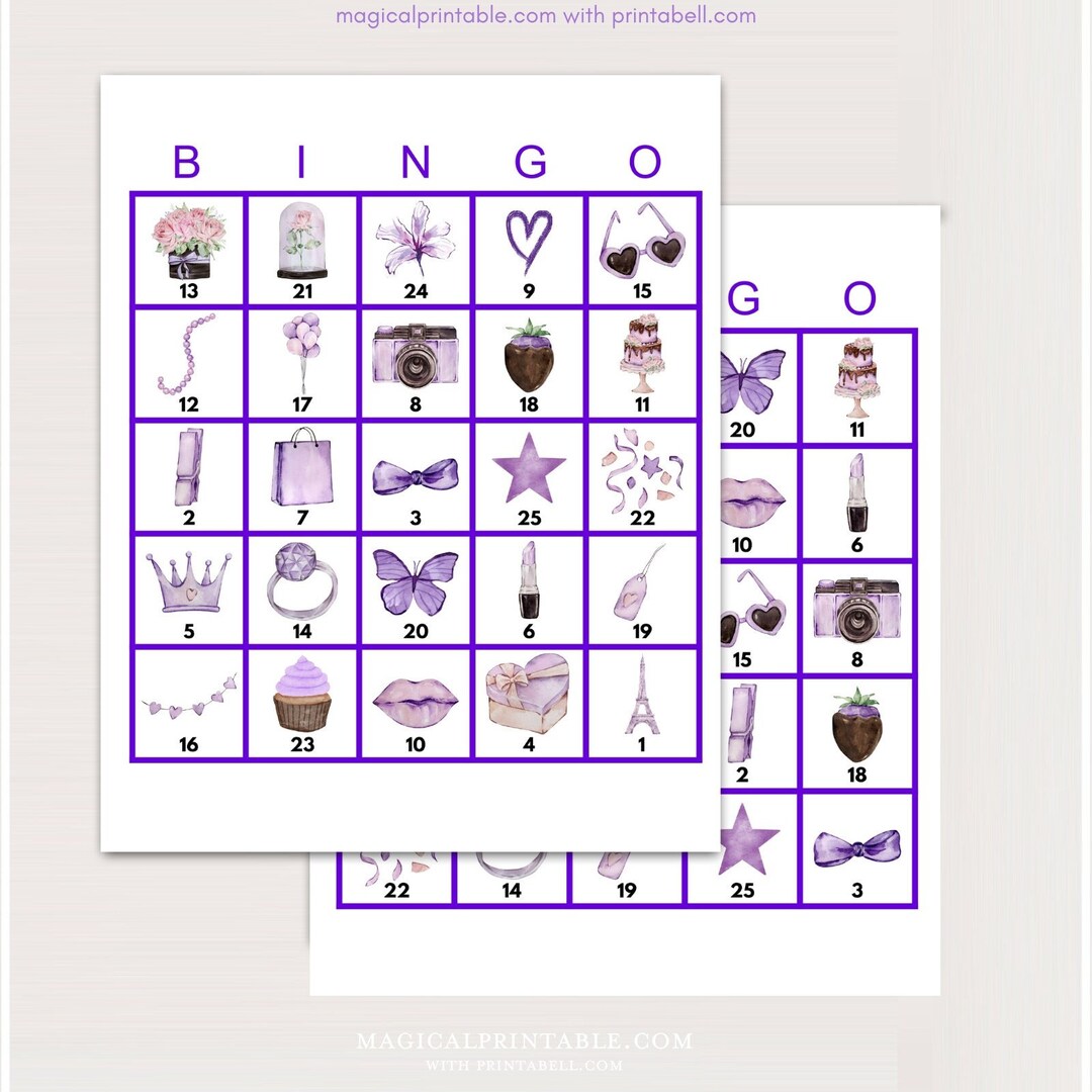 100x Purple Bingo Cards, Purple Bridal Shower Bingo, Printable Purple ...