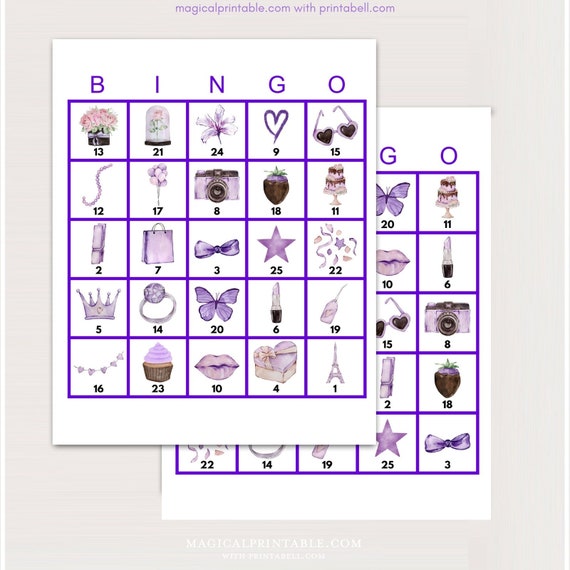 100x Purple Bingo Cards, Purple Bridal Shower Bingo, Printable Purple ...