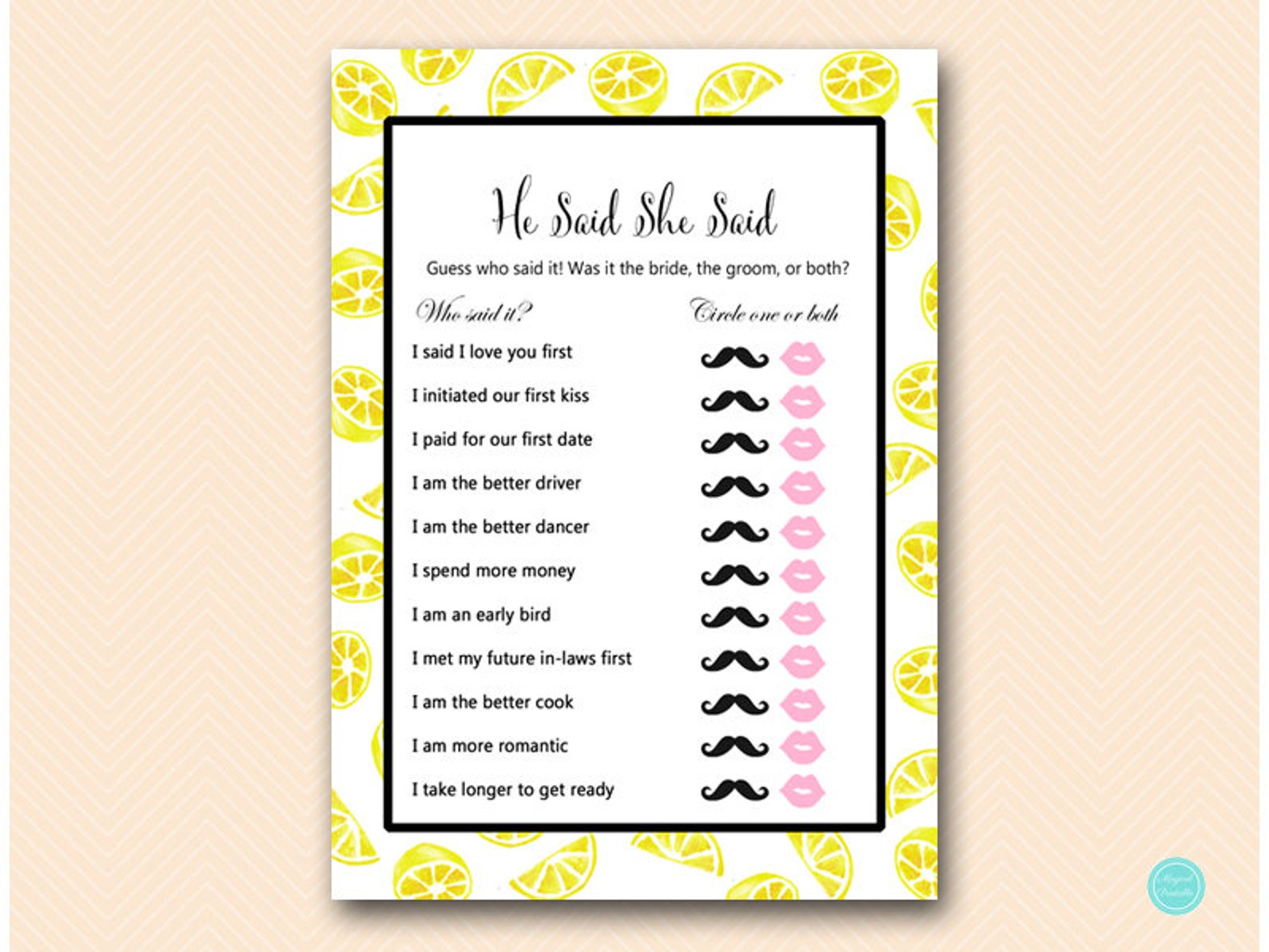 Lemon Summer Bridal Shower Game Printable Lemonade Citrus - Etsy