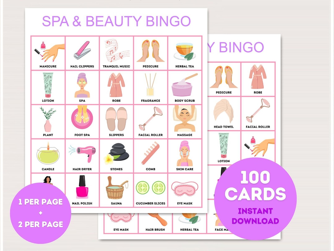 Spa & Beauty Bingo Cards, 100 Printable Spa Bingo, Spa Party Activity ...