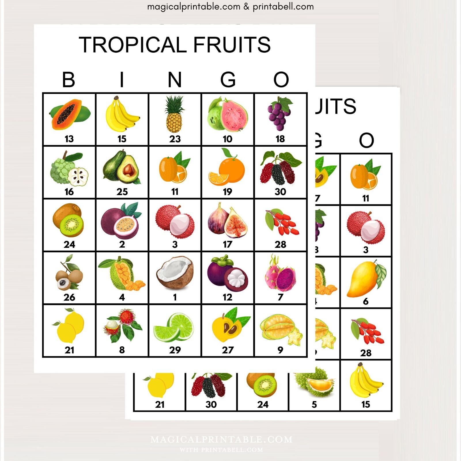 100x Tropical Fruits Bingo Cards, Printable Tropical Party Bingo ...