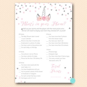 Pink Silver Unicorn Baby Shower Games Package, Whats in Your Phone, Who ...