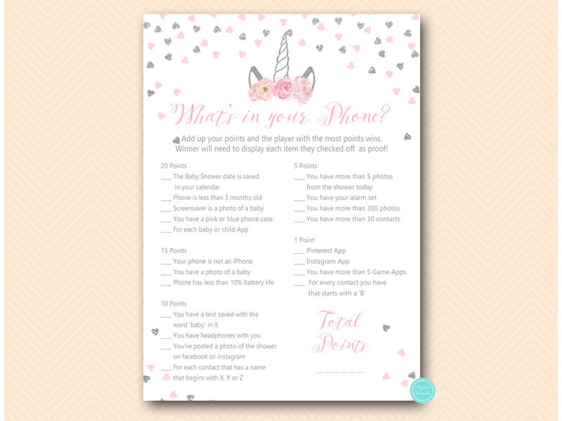Pink Silver Unicorn Baby Shower Games Package Whats in Your | Etsy