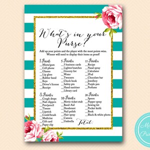 What's in Your Purse Game, Purse Game, Purse Hunt, Floral Teal Bridal ...