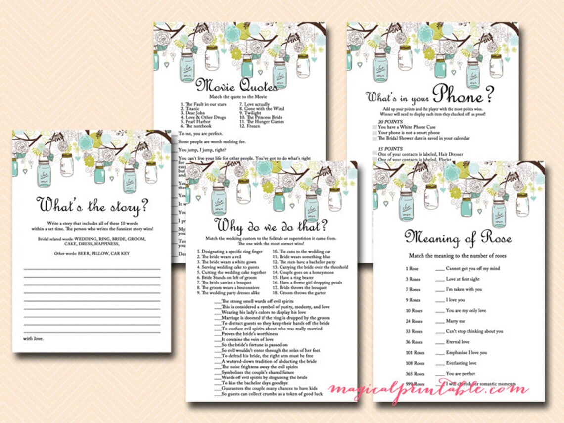 Mason Jars Bridal Shower Game Printables, Instant Download, Teal Bridal ...