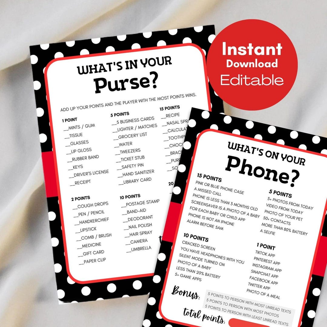 What's in Your Purse Game, Editable Purse Game, Phone Game, Purse Hunt ...