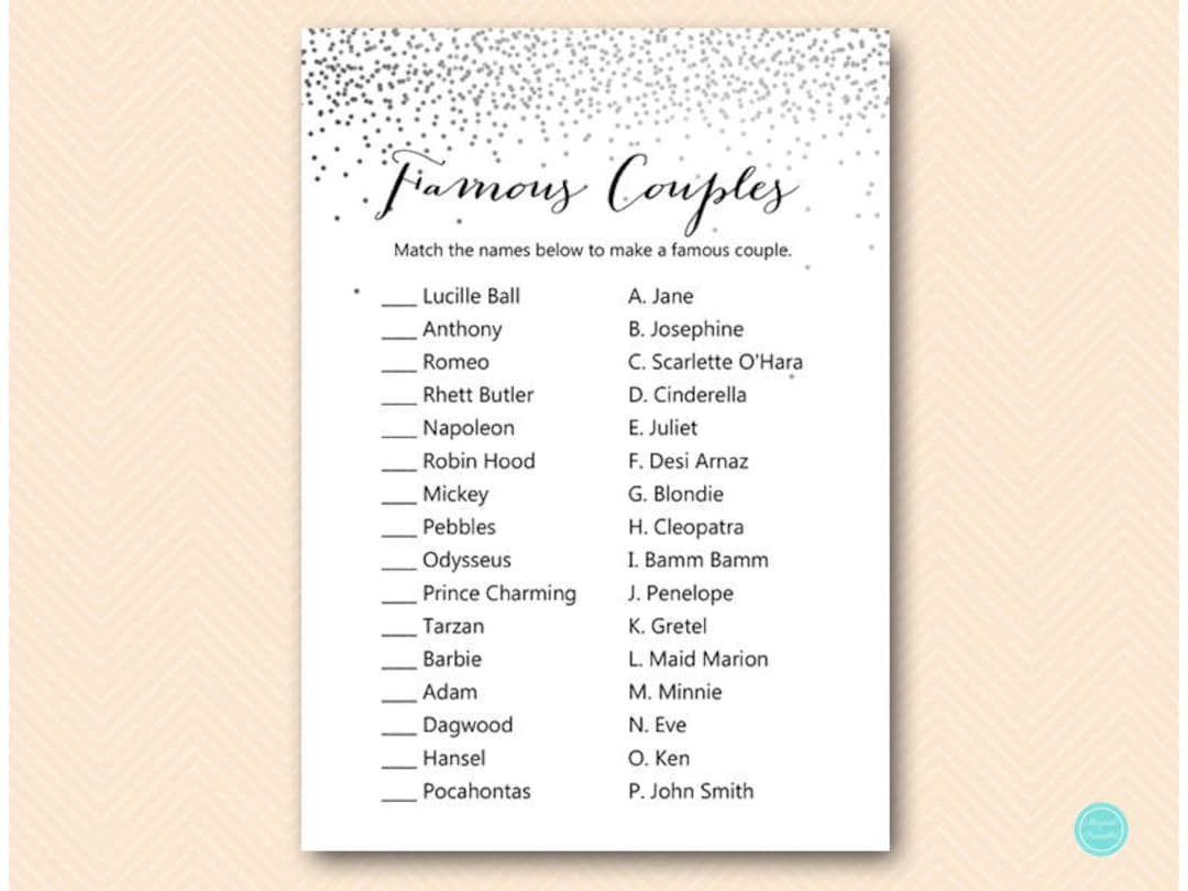 Silver Confetti Famous Couple Game, Famous Couple Quiz, Match the ...
