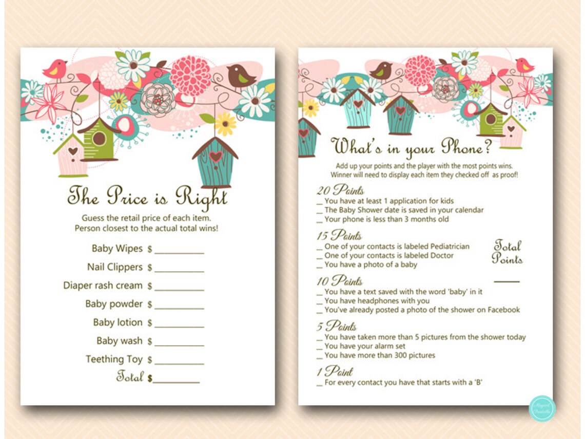 Birdhouse Baby Shower Games Printable Game Pack, Bird Baby Shower Games ...