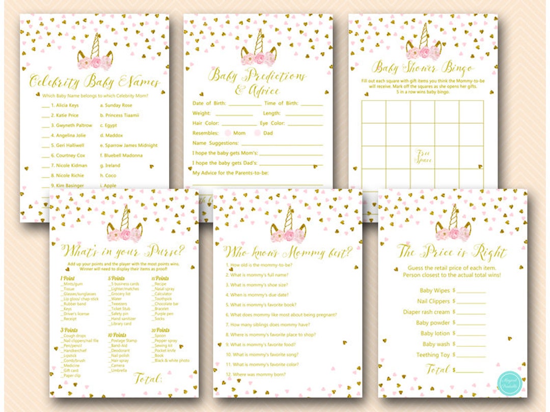 Pink and Gold Unicorn Baby Shower Games Package, Instant Download, Baby ...