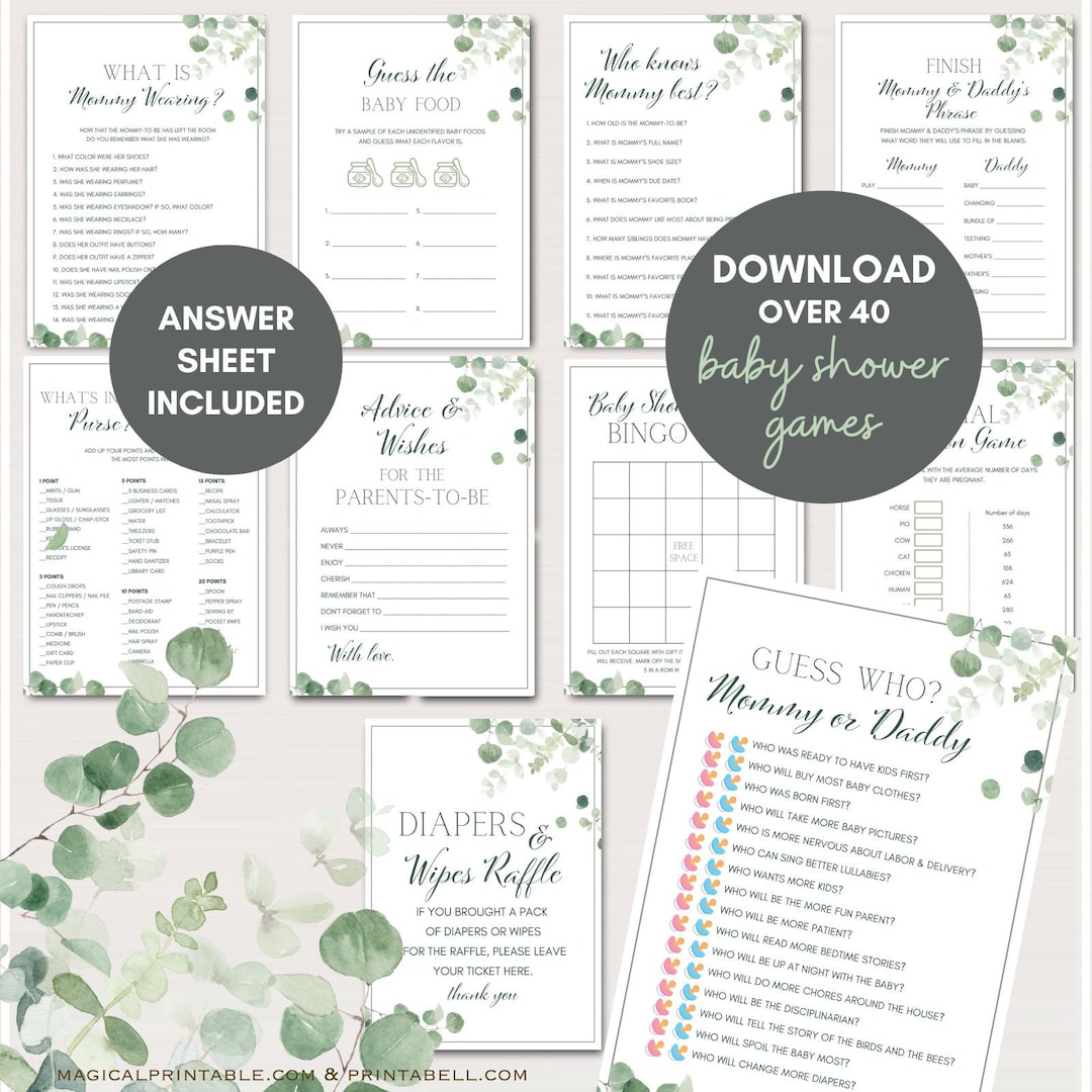 Succulent Baby Shower Games Bundle, Greenery Baby Shower, Eucalyptus ...