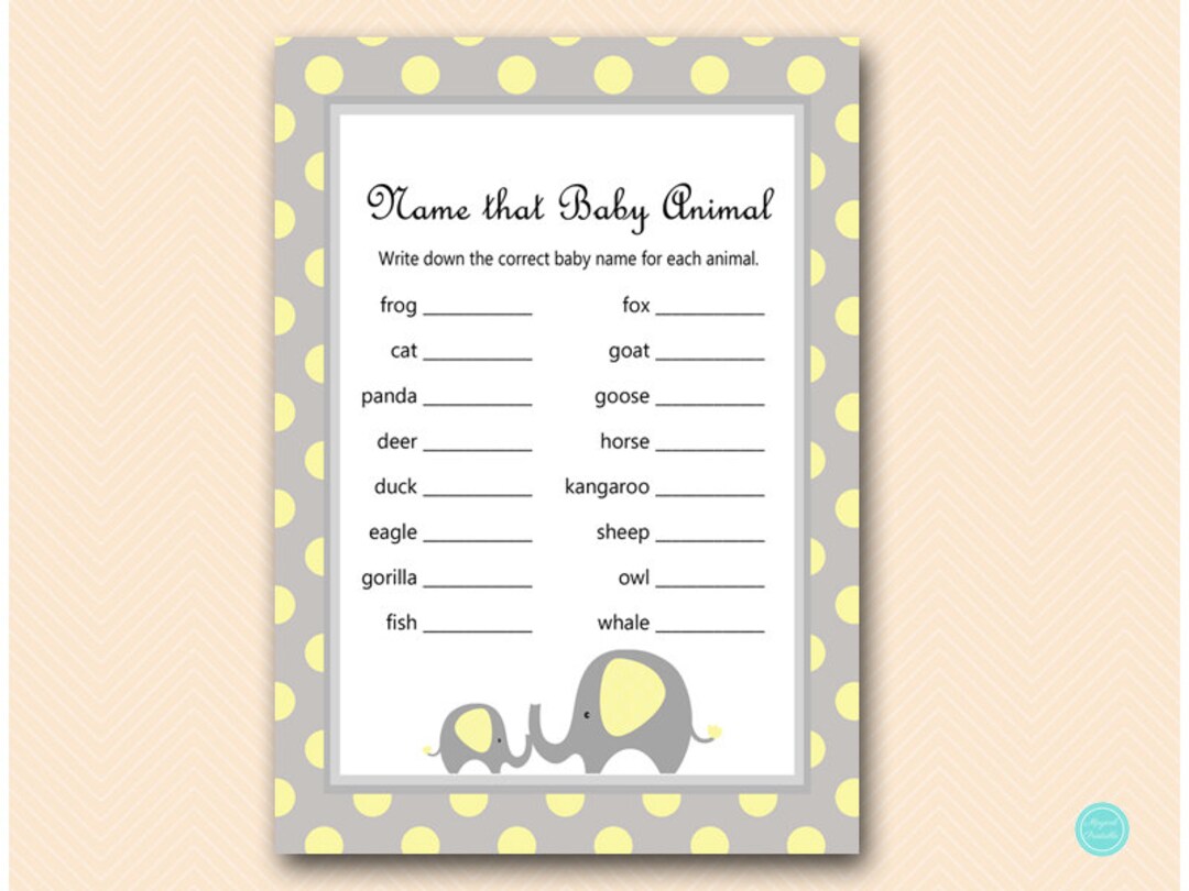 Elephant Baby Shower Games, Name the Baby Animal Game, Baby Shower Baby ...