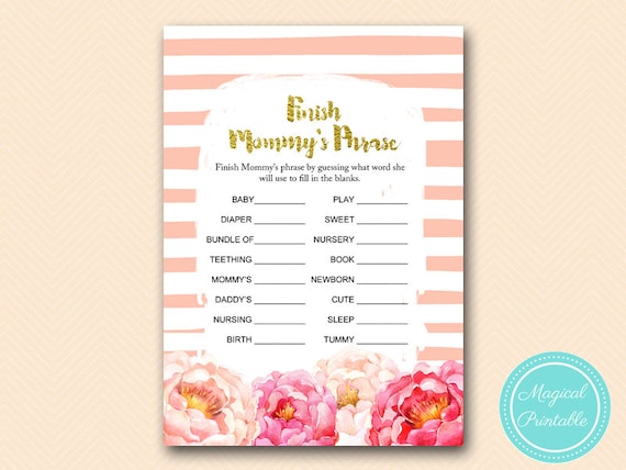 Finish mommy's phrase game, Peonies Baby Shower Games Printable, Baby ...