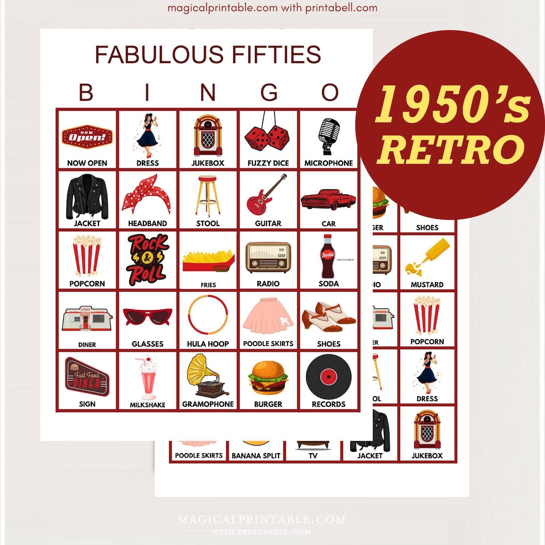 100x Retro 50's Bingo Cards, Printable 1950's Bingo, 50's Party Bingo ...
