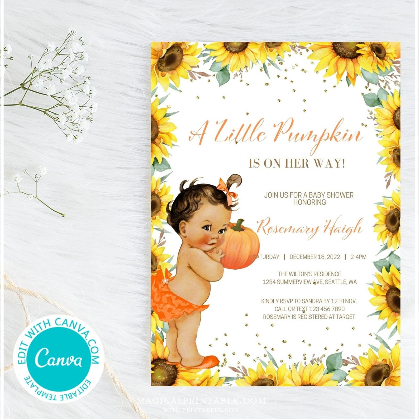 Editable Pumpkin Baby Shower Invitations Little Sunflower - Etsy