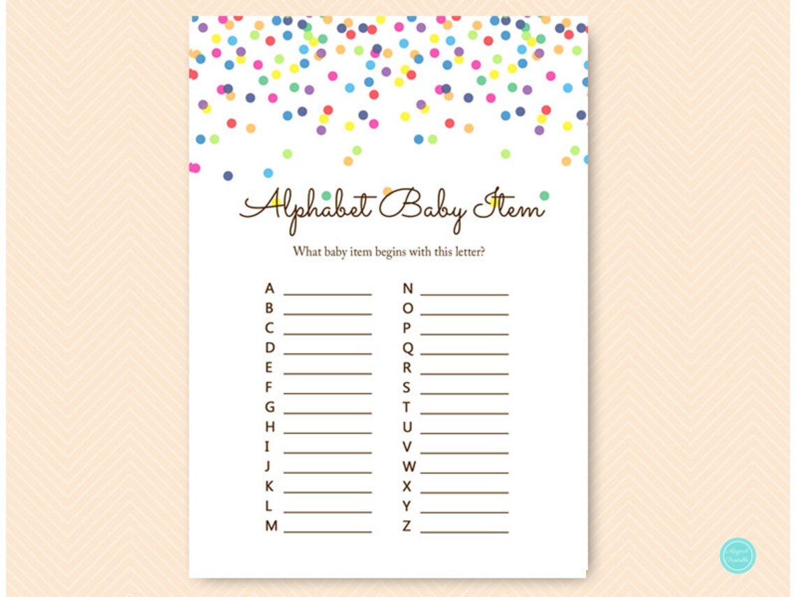 Rainbow Sprinkle Baby Shower, ABC Baby Item Game, A to Z Baby Item Game ...