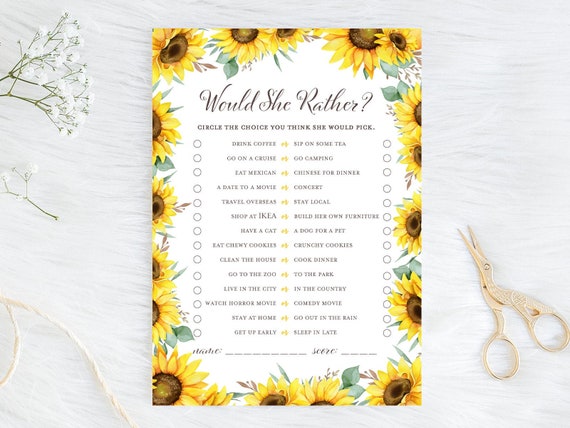 Would SHE Rather Bridal Shower Game Baby Shower Game Sunflower would-she-rather-bridal-shower-game-baby-shower-game-sunflower