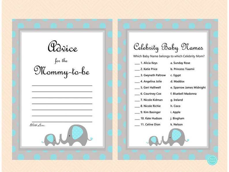 Blue Elephant Baby Shower Games Package Baby Prediction and - Etsy